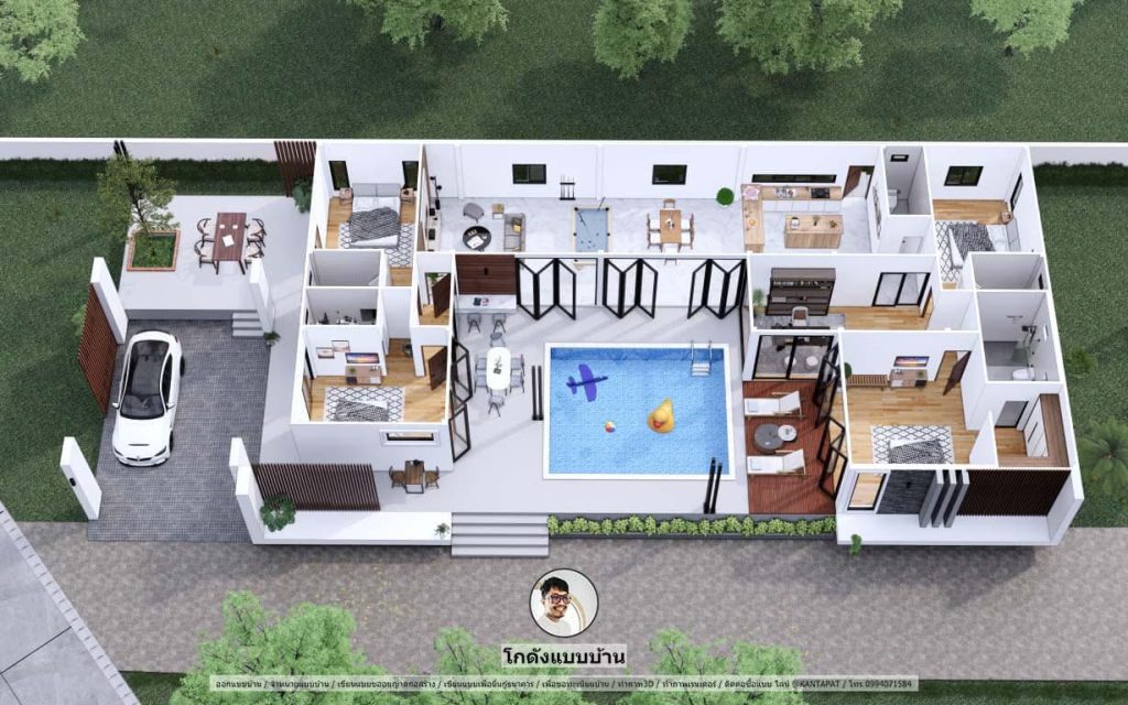 P-1219 แปลนบ้าน3D pool villa ชั้นเดียวสุดชิค แบบบ้านทันสมัย