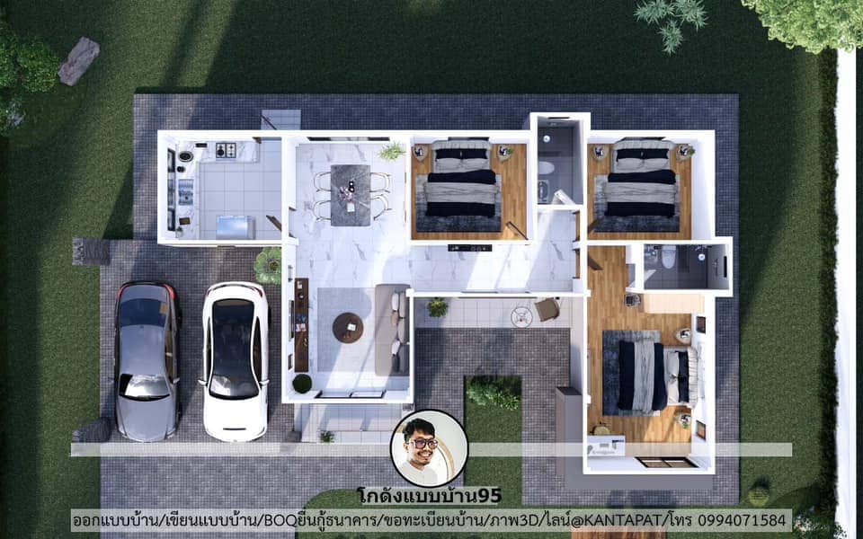 P-1233-บ้านสวยคอนเทมโพรารี่ แบบบ้านชั้นเดียว 3 ห้องนอน