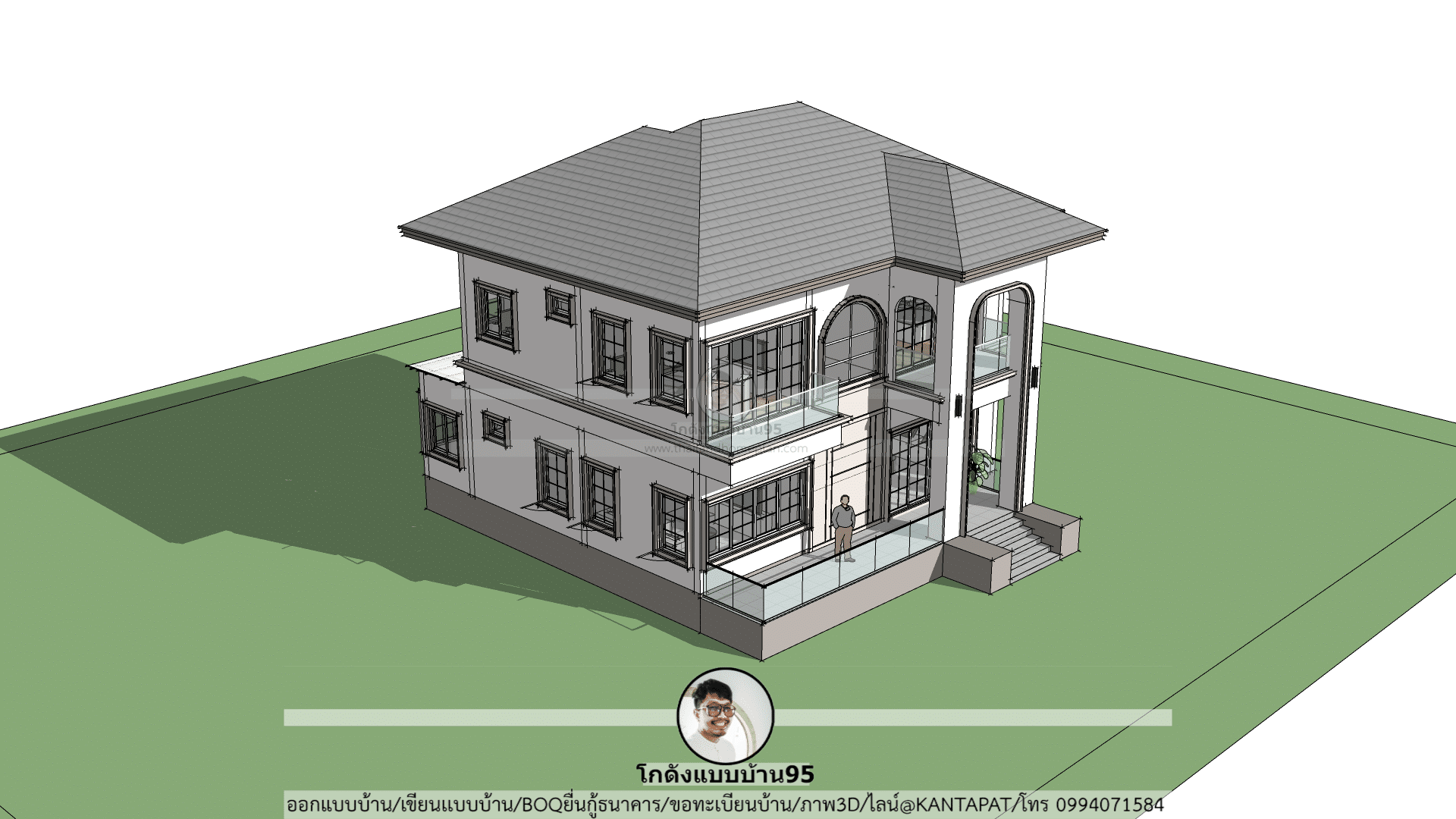 รับออกแบบบ้าน P-1744 แบบบ้านปั้นหยา 2 ชั้น หลังใหญ่ ตกแต่งร่วมสมัย