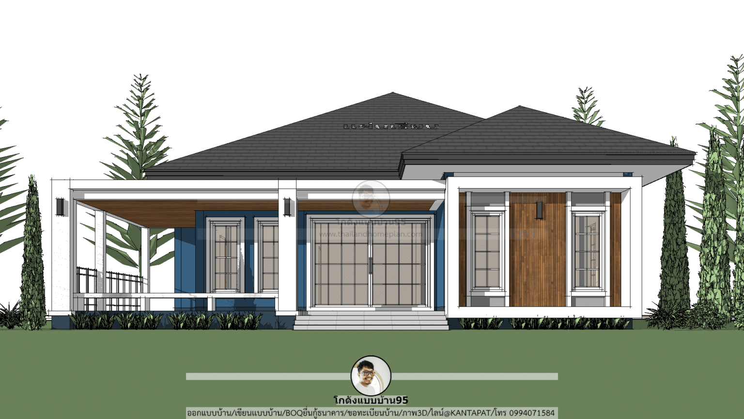 แบบบ้าน3ห้องนอน P-2306 บ้านชั้นเดียวโทนสีฟ้าสดใส 163 ตร.ม.