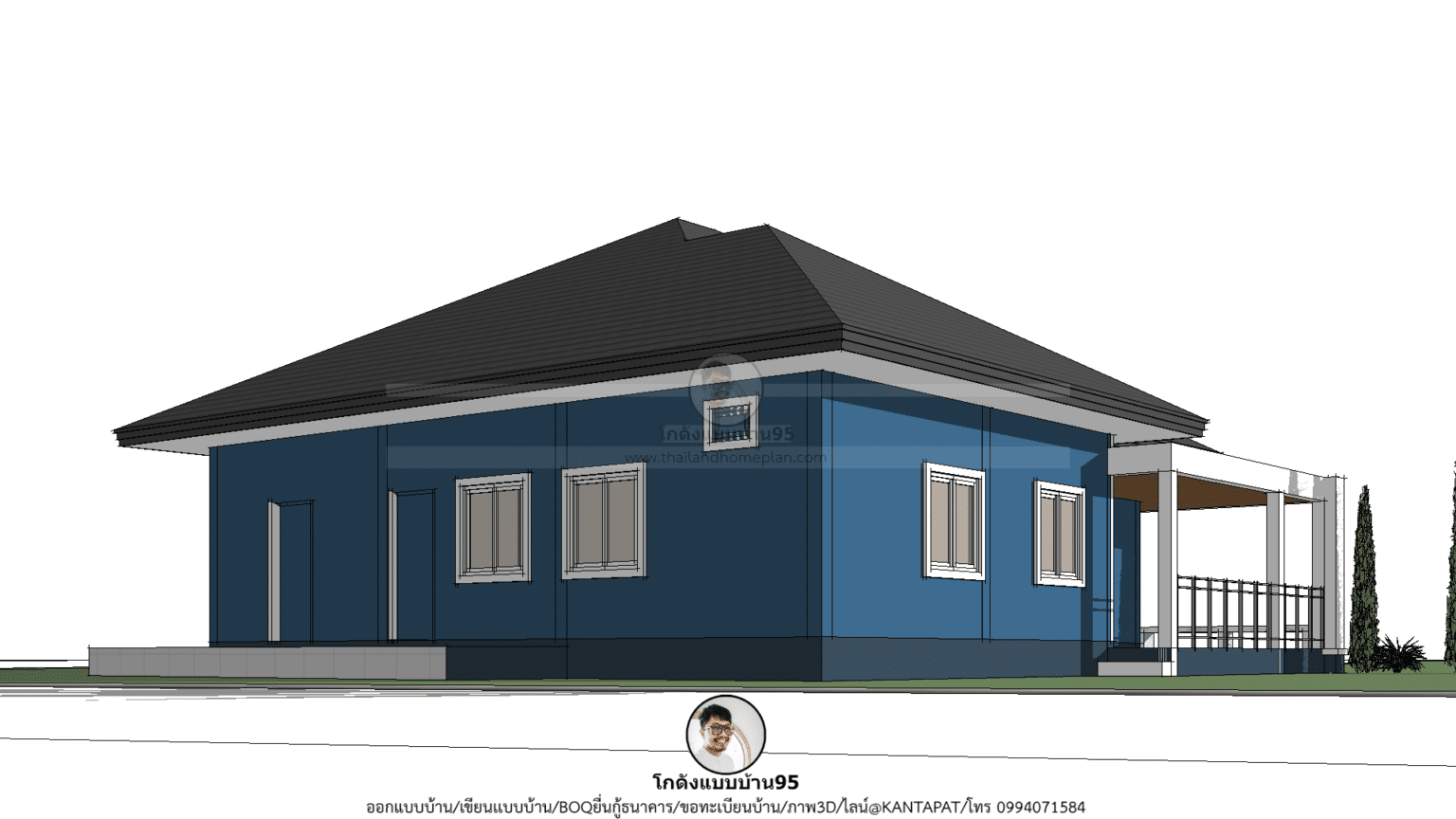 แบบบ้าน3ห้องนอน P-2306 บ้านชั้นเดียวโทนสีฟ้าสดใส 163 ตร.ม.